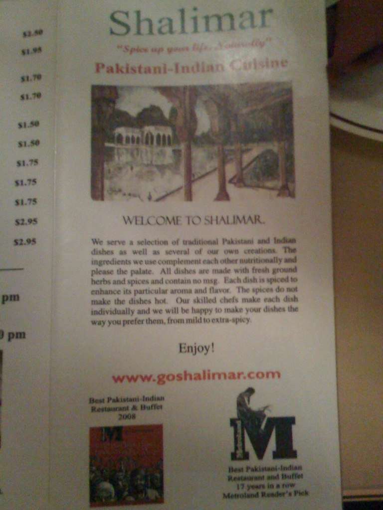 Menu at Shalimar restaurant, Albany, 35 Central Ave