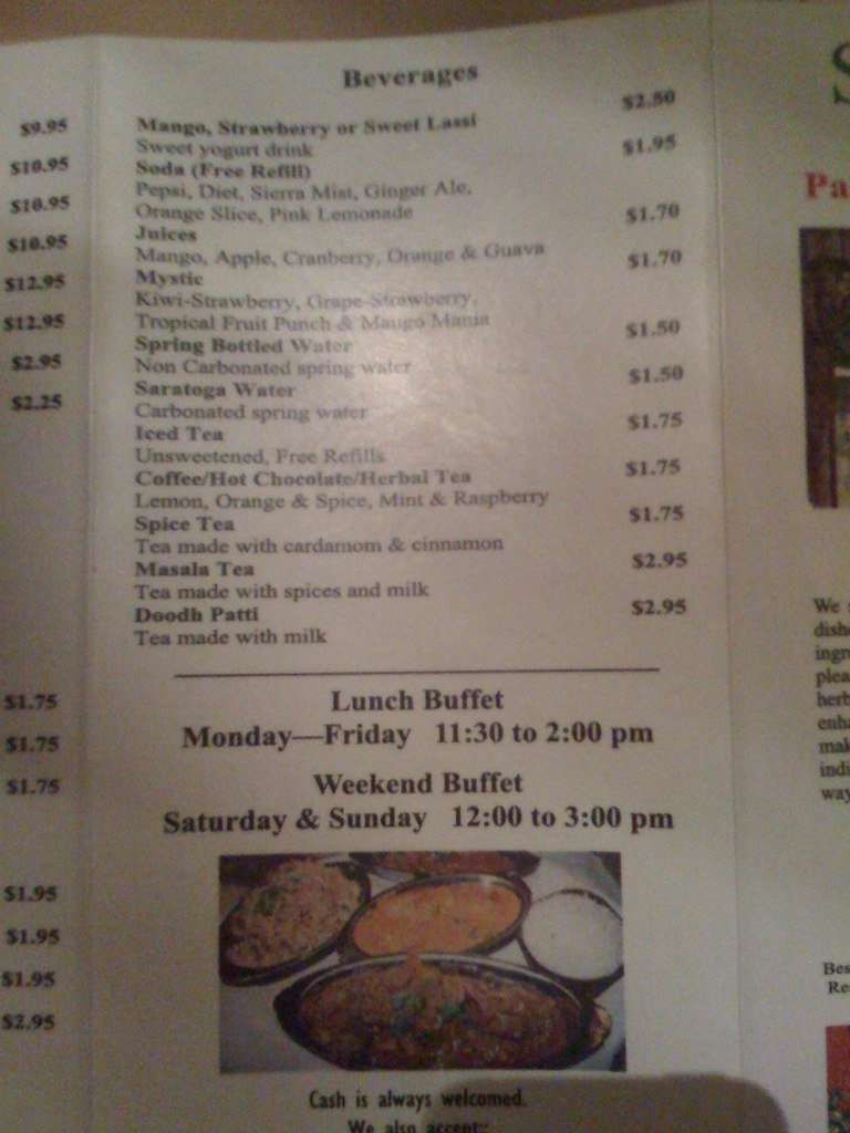 Menu at Shalimar restaurant, Albany, 35 Central Ave