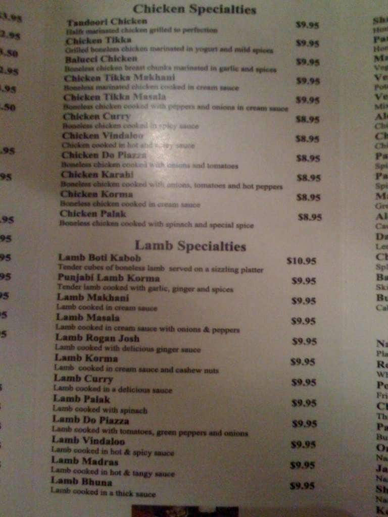 Menu at Shalimar restaurant, Albany, 35 Central Ave