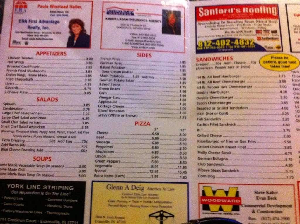 Menu at Darmstadt Inn restaurant, Evansville