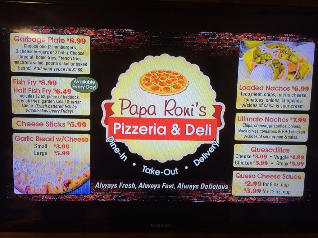 Menu at Paparoni's pizzeria, Pavilion