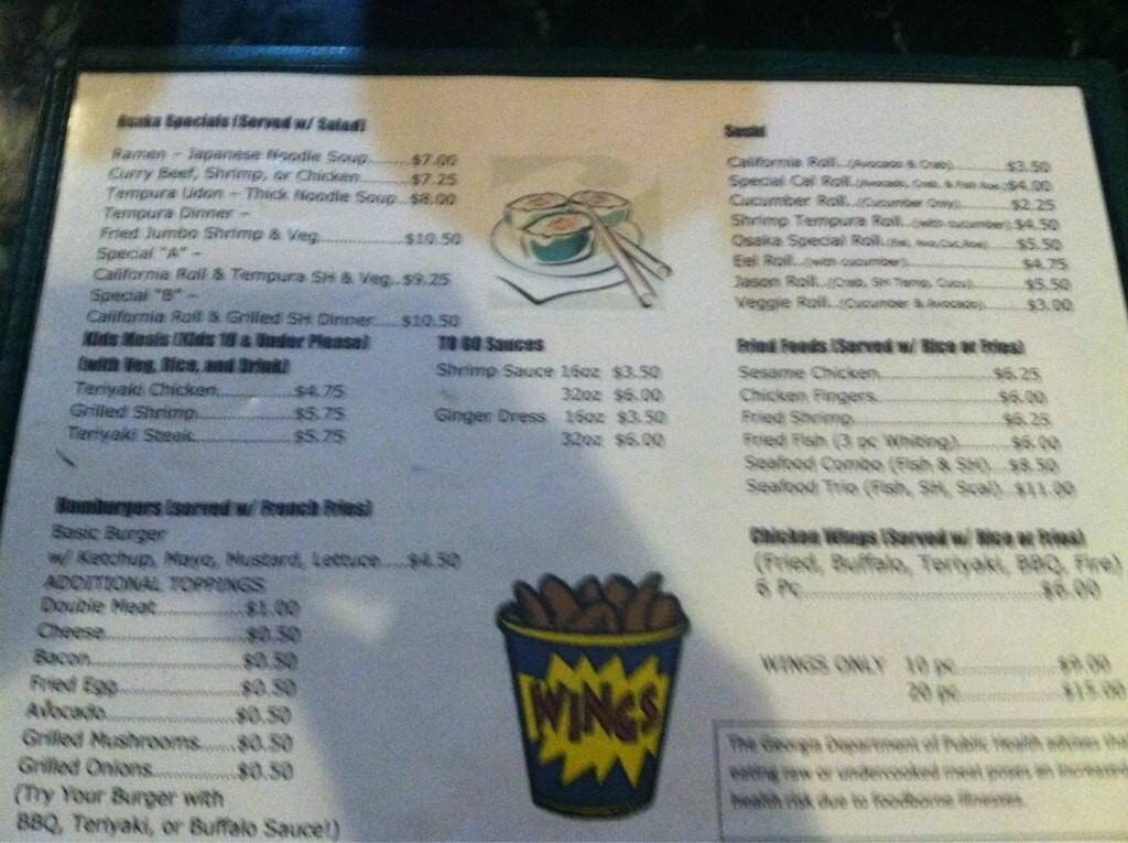 Menu at Osaka Japanese Restaurant, Savannah