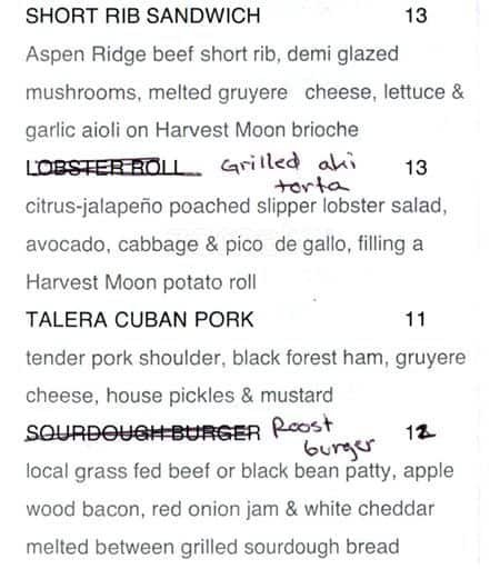 Menu at The Roost restaurant, Longmont