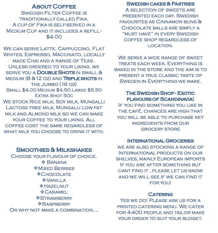 Menu at Cafe Fika & International Groceries, Cairns