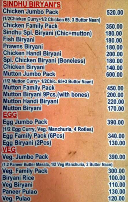 Menu at Sindhu Biryani House, Secunderabad