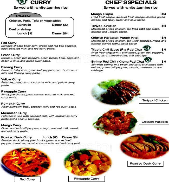 Menu at Thai at Indiana restaurant, Indiana