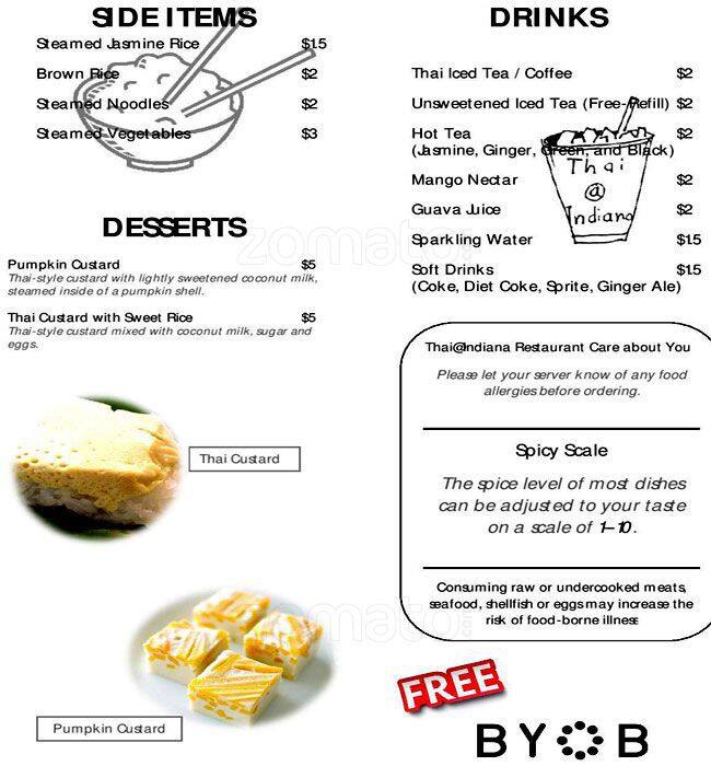 Menu at Thai at Indiana restaurant, Indiana