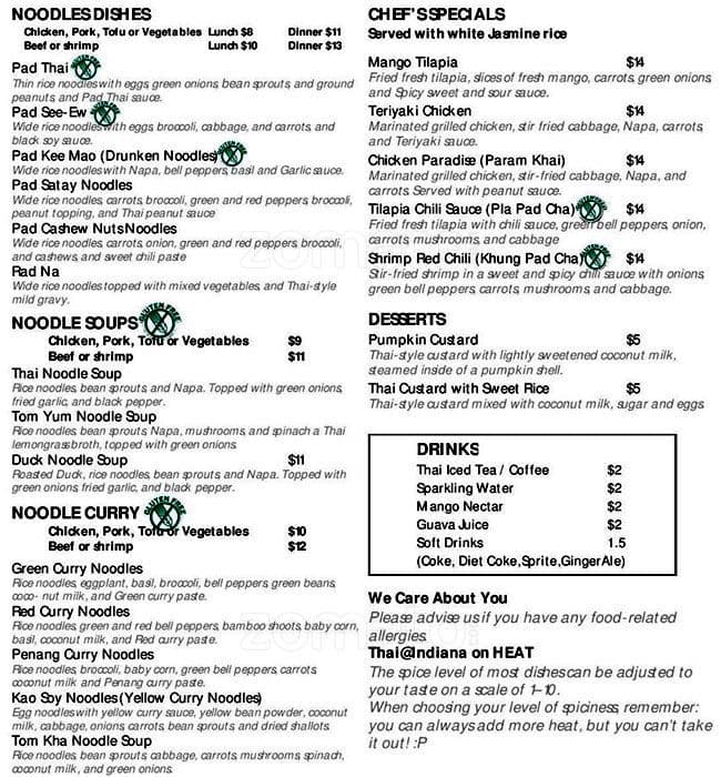Menu at Thai at Indiana restaurant, Indiana