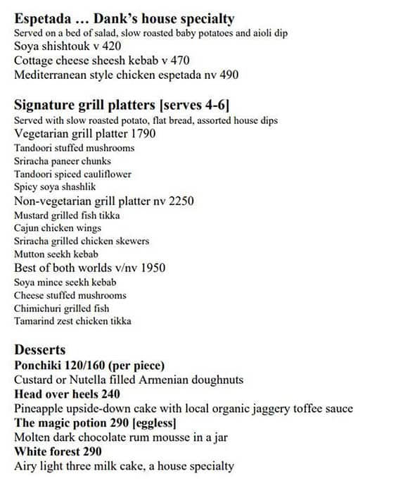 Menu at Dank, Chennai