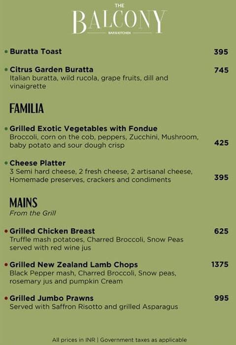 Menu at The Balcony, Kolkata