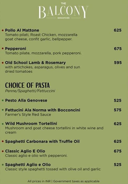 Menu at The Balcony, Kolkata