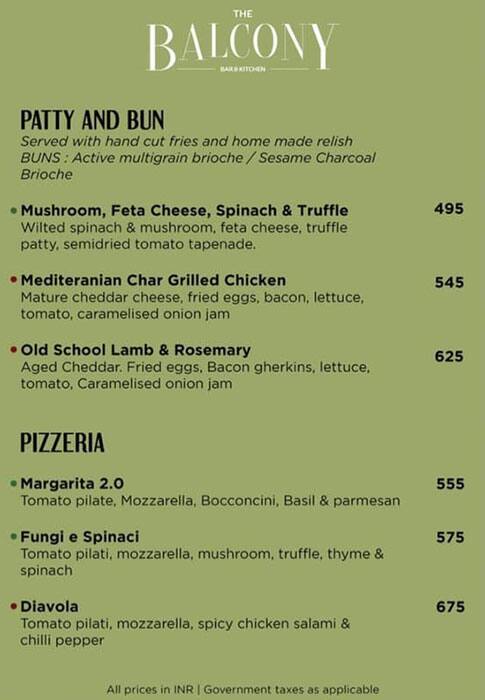 Menu at The Balcony, Kolkata