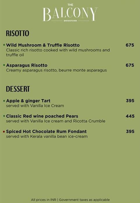 Menu at The Balcony, Kolkata