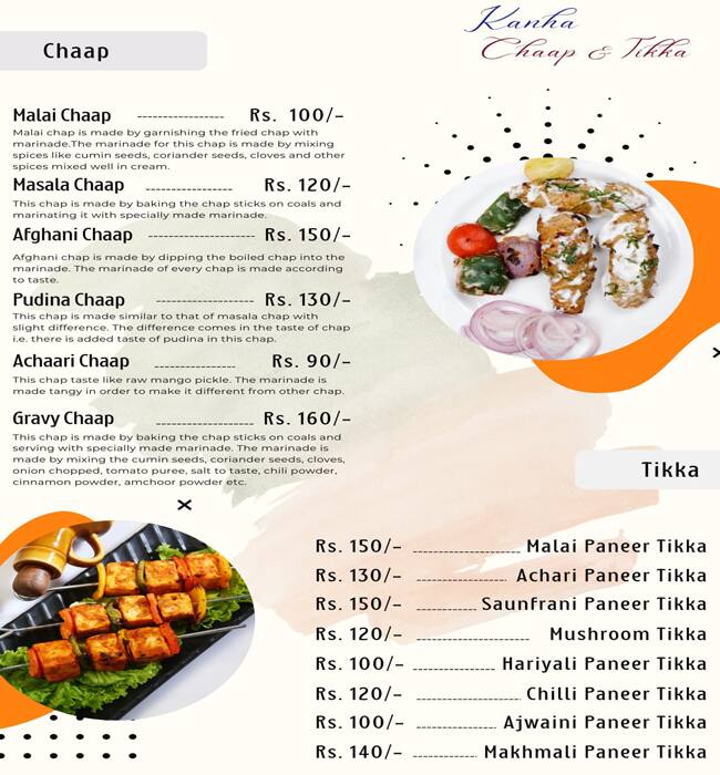 Menu of Kanha Chaap & Tikka, Sector 37, Noida