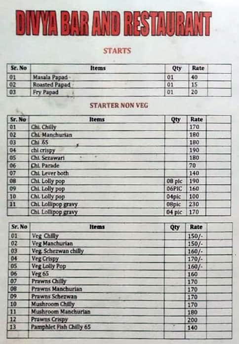 Menu of Divya Restaurant and Bar, Upvan, Thane West, Thane