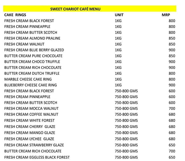Menu of Sweet Chariot Cafe, Residency Road, Bangalore