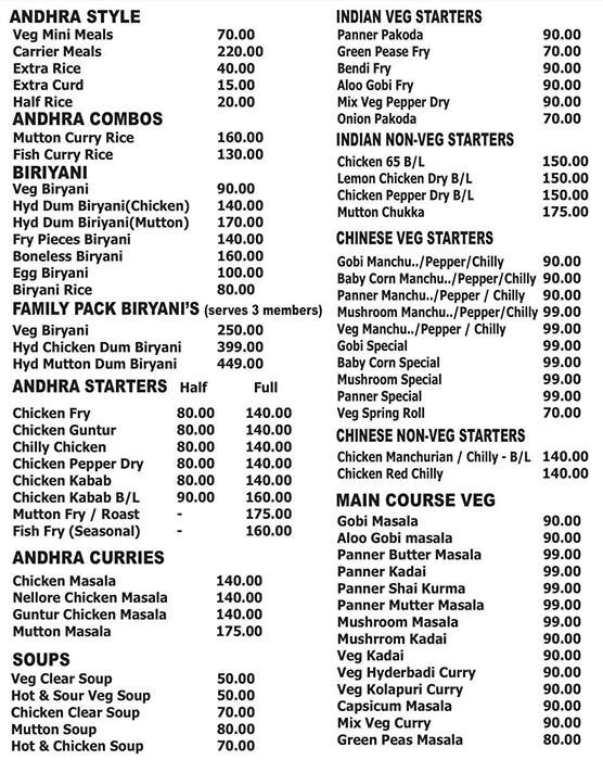 Menu at Andra Vilas, Bengaluru