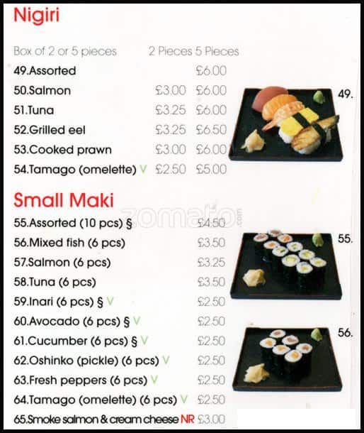 Menu at Kata restaurant, London