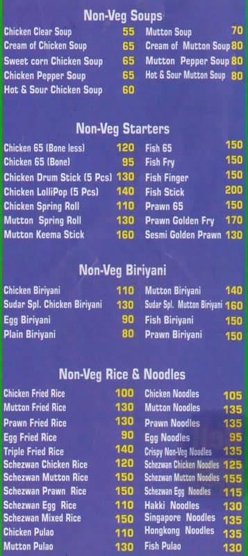 Menu at Sudar Restaurant, Chennai, No. 189
