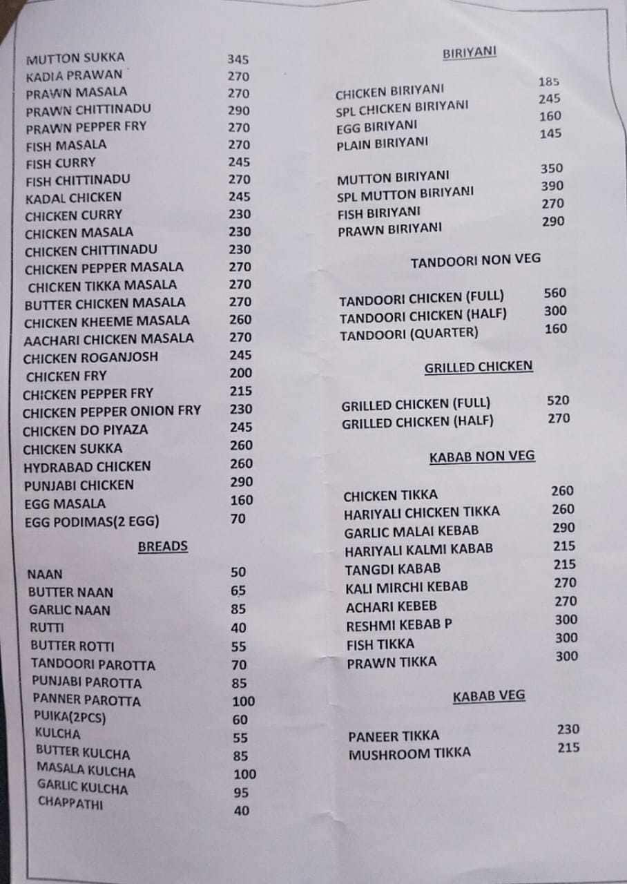 Menu at Sudar Restaurant, Chennai, No. 189