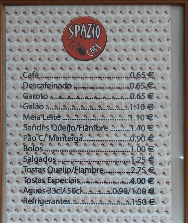 Menu at Spazio restaurant, Queijas