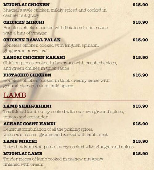 Carta del restaurante Shahjahan Grill, Padbury