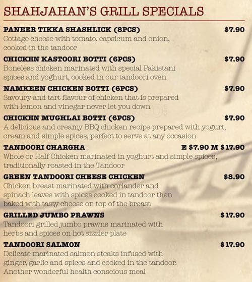 Carta del restaurante Shahjahan Grill, Padbury