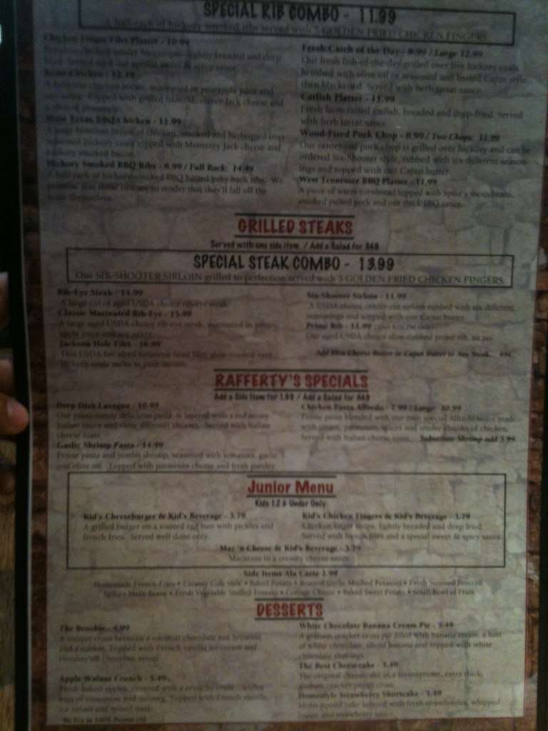 Menu at Rafferty's of Clarksville restaurant, Clarksville
