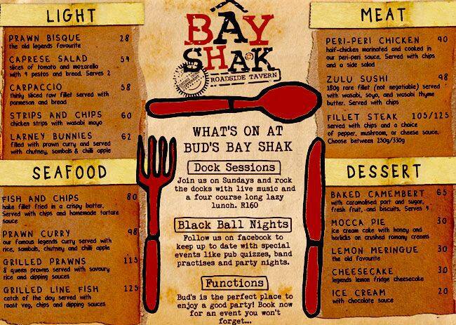 Speisekarte von Bud's on the Bay restaurant, Durban