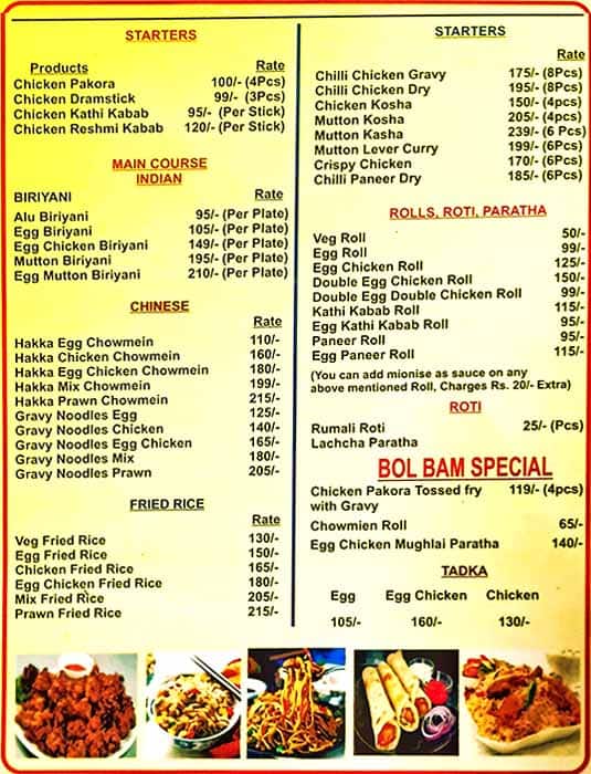 Menu at Bol Bam, Kolkata