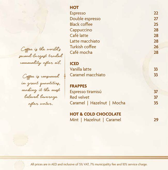 Menu at Cappuccino's Lobby Cafe, Dubai, 1 Sheikh Zayed Rd
