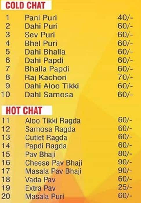 Menu of The Bombay Chaat, Kukatpally, Hyderabad