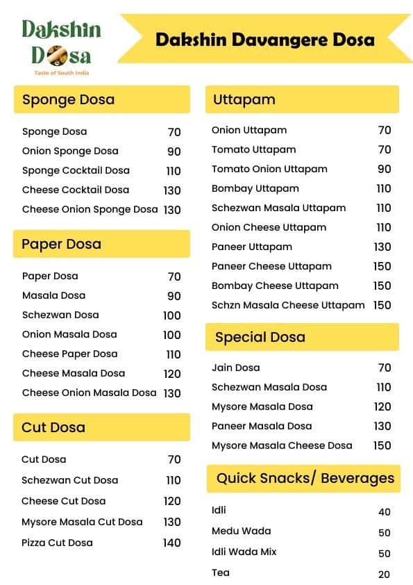 Menu of Dakshin Dosa, Ravet, Pune