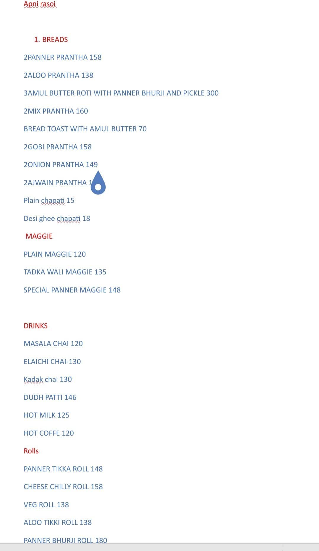 Menu of Apni rasoi, Shakti Nagar, Amritsar