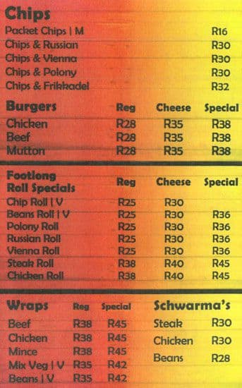 Menu at Wrap n Go akhalwayas fast foods, Johannesburg