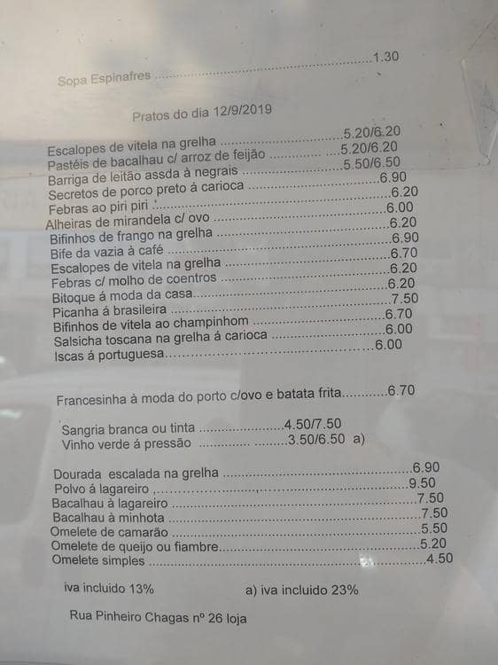 Menu at Venezuela restaurant, Lisbon, R. Pinheiro Chagas 26