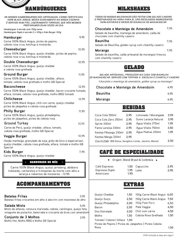 Menu em Ground Burger restaurante, Lisboa, R/C 148A