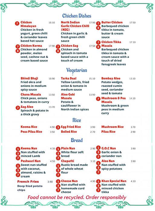 Menu at Khan Balti House, Dublin, 51 Morehampton Road