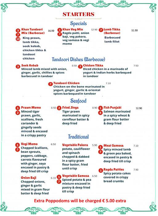 Menu at Khan Balti House, Dublin, 51 Morehampton Road