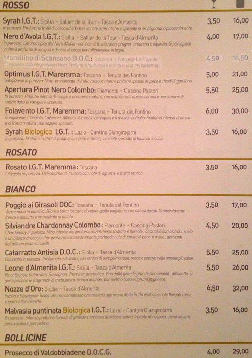 Menu at Ops! restaurant, Rome