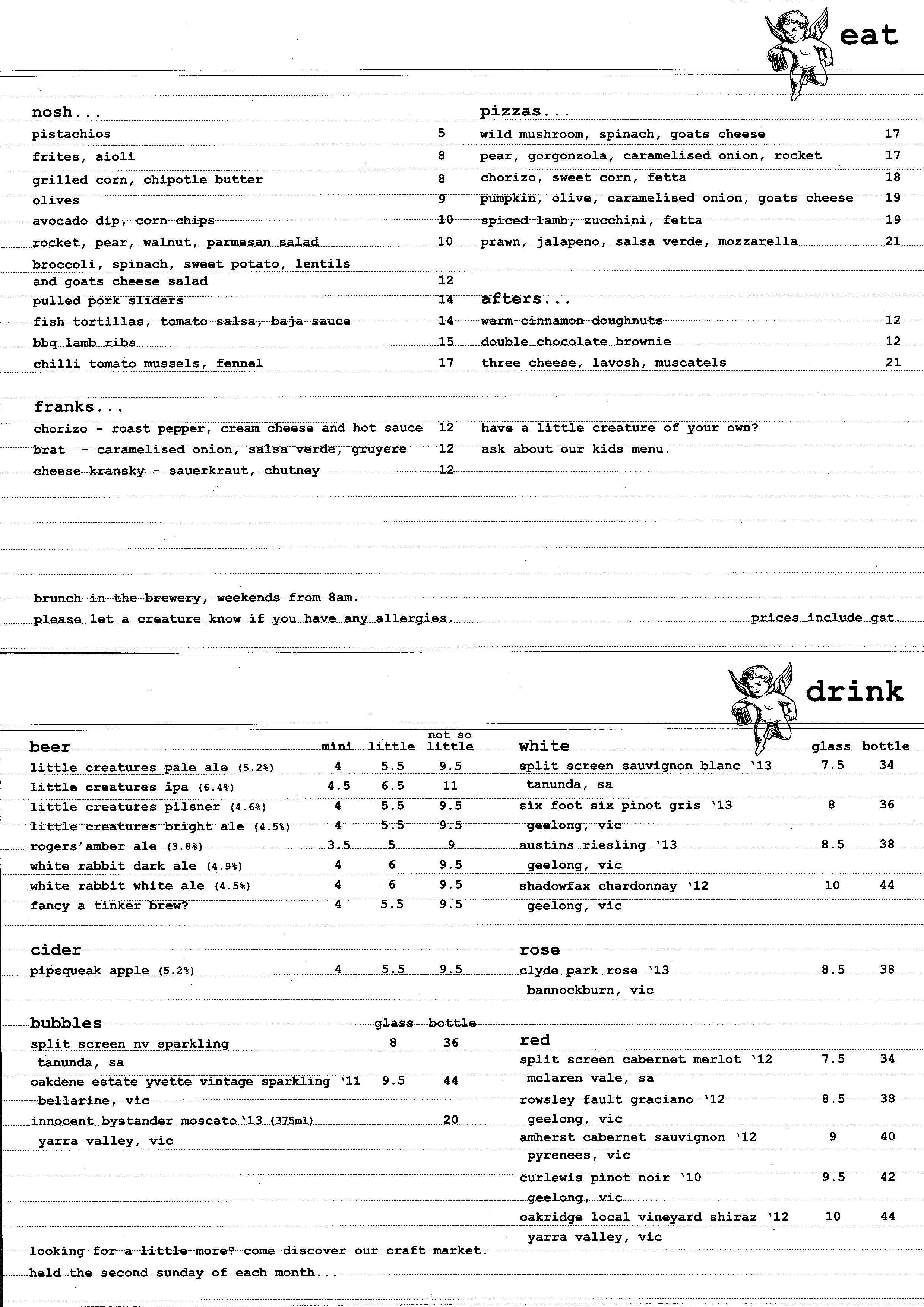 Menu at Little Creatures Brewery, Geelong pub & bar, Geelong