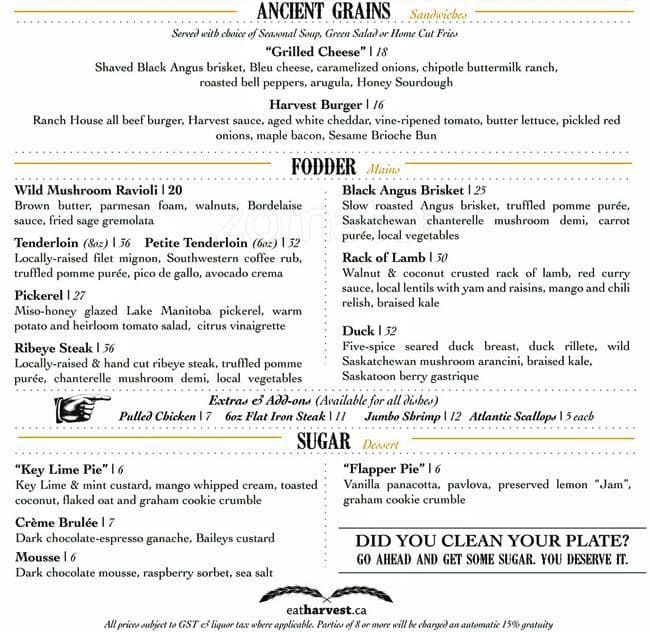 Menu at Harvest Eatery and The Blind Boar restaurant, Shaunavon