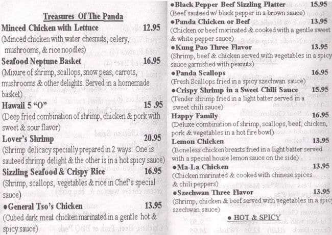 Menu at Panda Inn restaurant, Bremerton, State Highway 303 NE