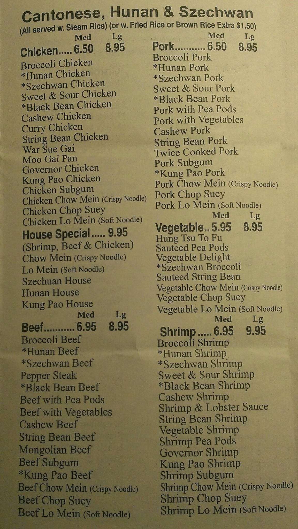 Menu at Hunan Chester restaurant, Chesterland