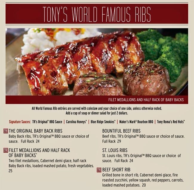 Menu at Tony Roma's BBQ, San Antonio, 849 E Commerce St #171