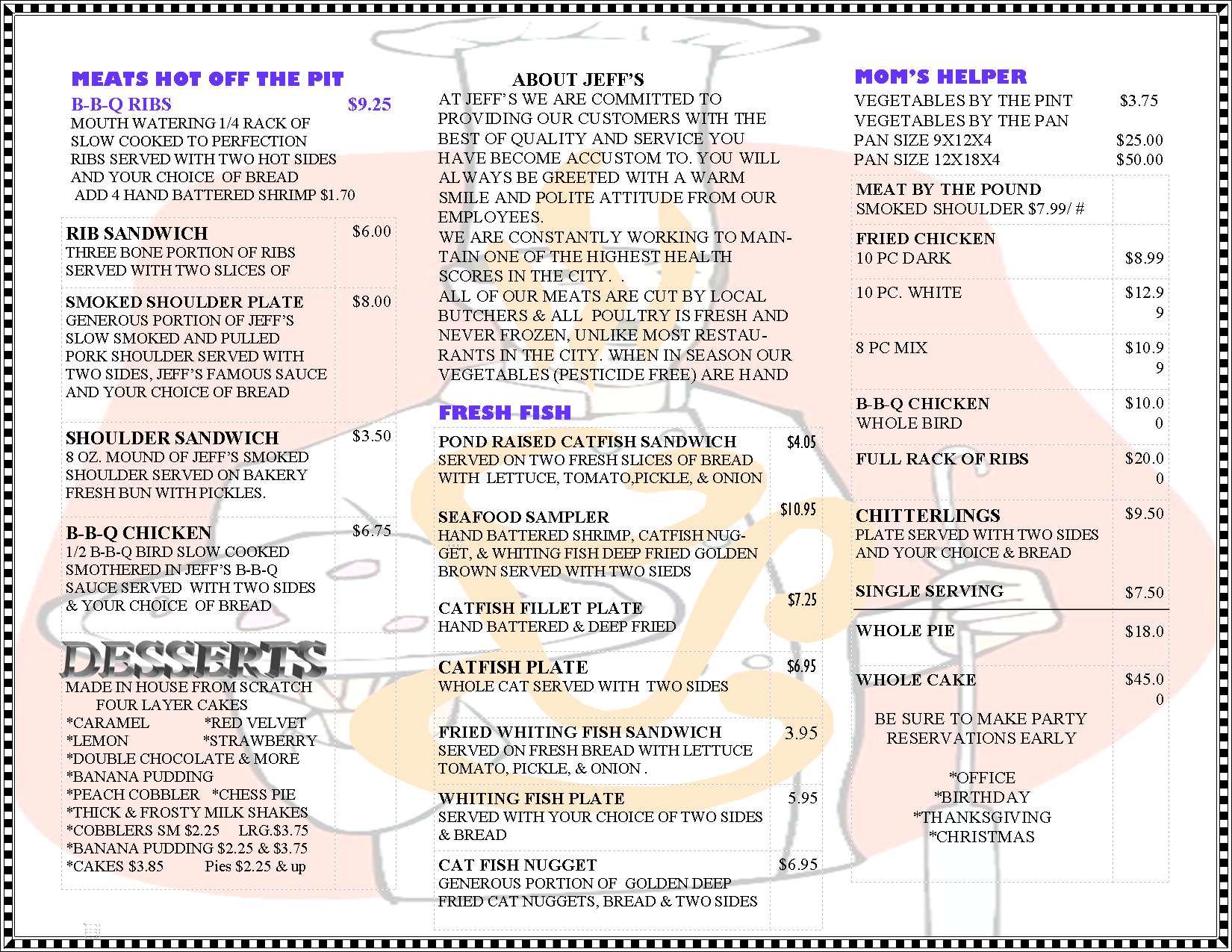 Menu at Jeff's Family Friendly Restaurant, Murfreesboro