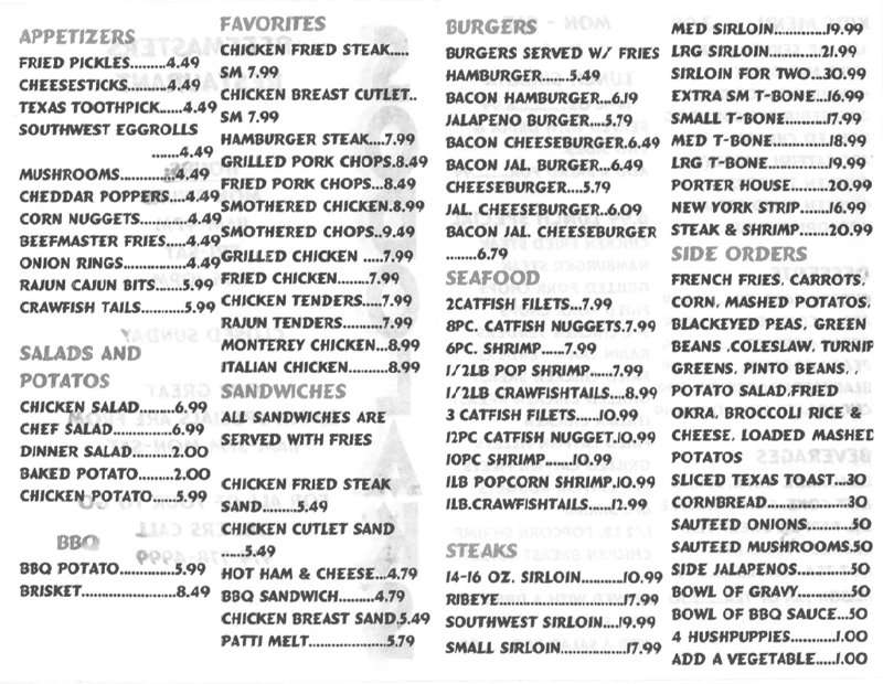 Menu at Sodolaks Beefmasters Restaurant, Bryan
