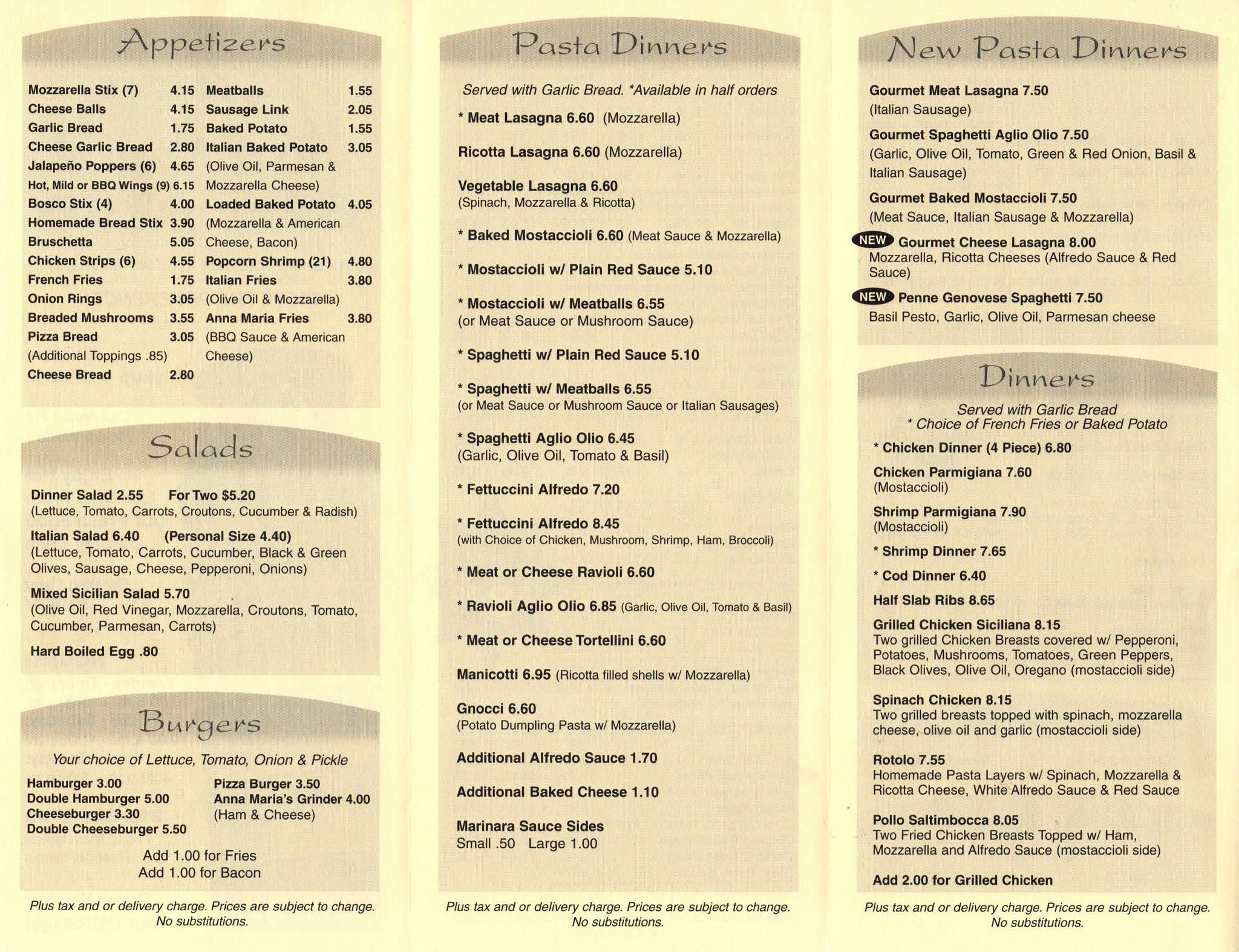 Menu at Anna Maria's II In Roscoe pizzeria, Roscoe