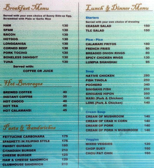 Menu at Coco Palms Restaurant, Compostela