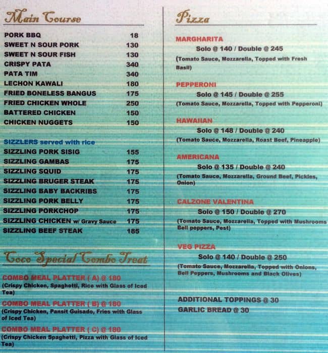 Menu at Coco Palms Restaurant, Compostela